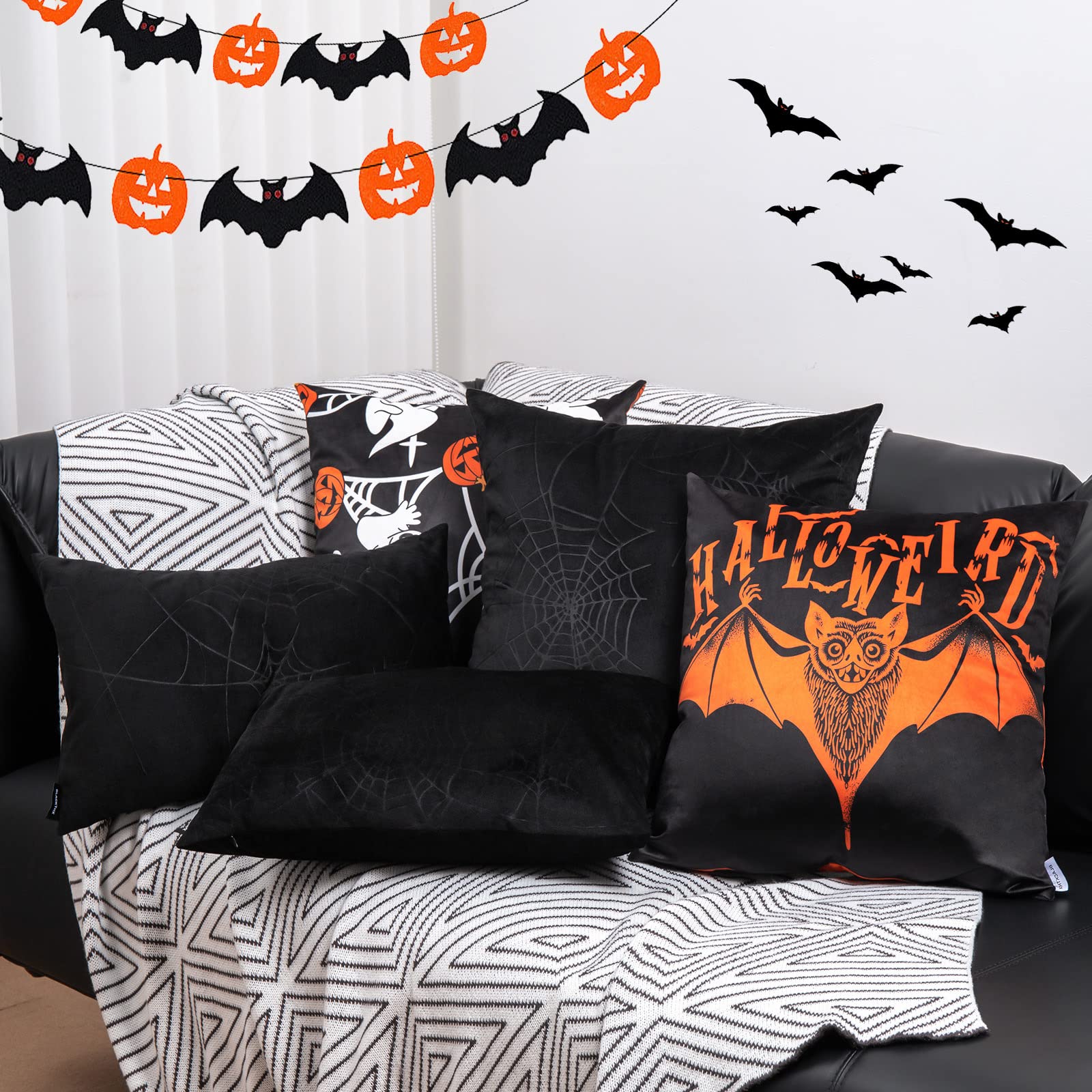 BLACKTHX Pack of 2 Decorative Throw Pillow Covers Black Gothic Pillowcase Velvet Soft for Couch Sofa Bedroom 18x18 Inches Black On Black Print