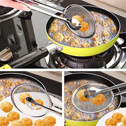 2 in 1 Stainless Steel Fine Mesh Strainer With Clip Tongs Oil Filter Spoon Multi-functional Reusable BBQ Filter Clamp Strainer Kitchen Tools for Oil-frying Food