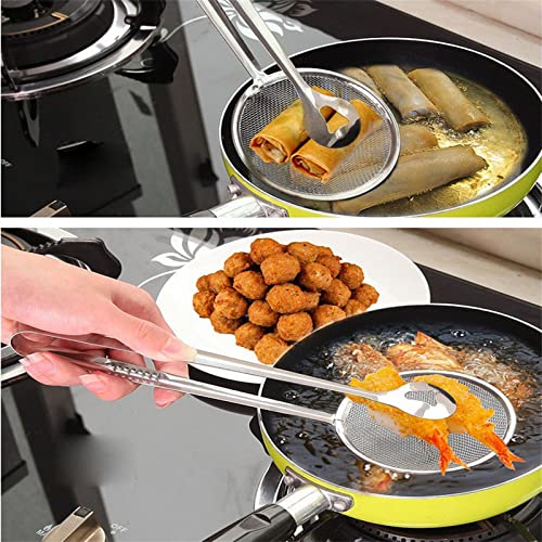 2 in 1 Stainless Steel Fine Mesh Strainer With Clip Tongs Oil Filter Spoon Multi-functional Reusable BBQ Filter Clamp Strainer Kitchen Tools for Oil-frying Food