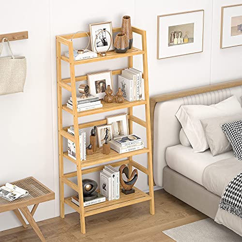 Homykic Bamboo Over The Toilet Storage Shelf and 4-Tier Ladder Bookshelf Bundle, Natural