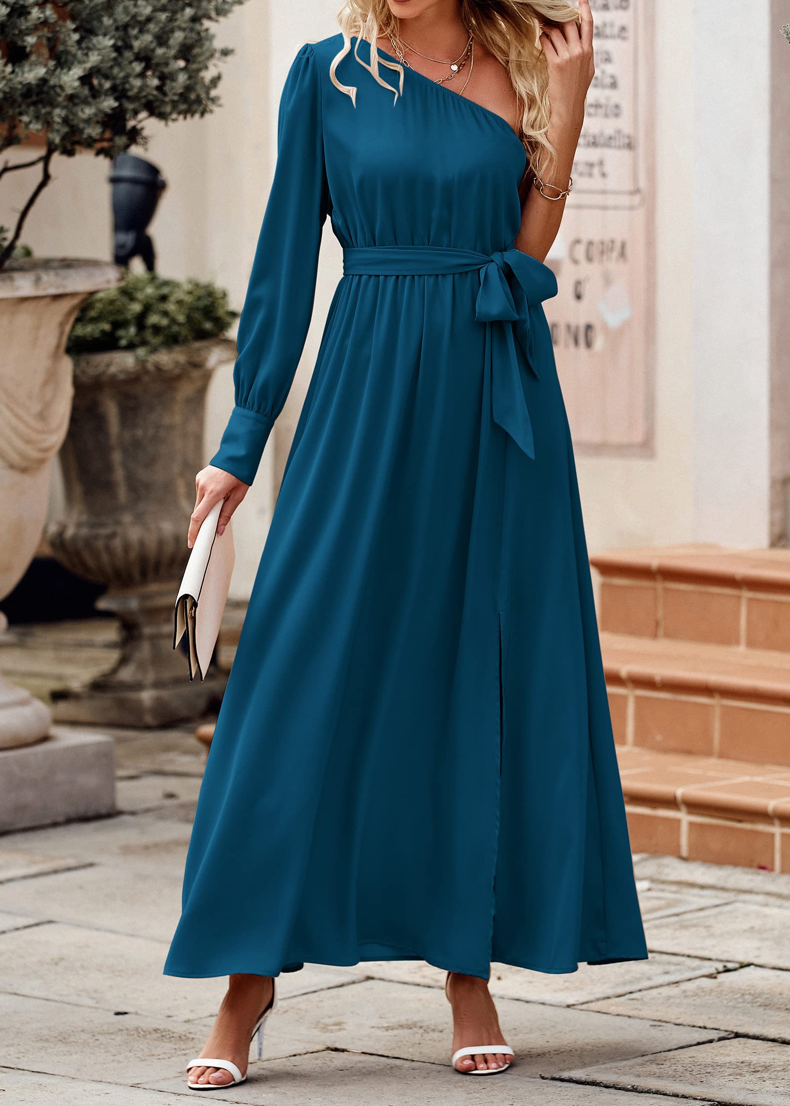 KIRUNDO Women's Satin Long Sleeve One Shoulder Maxi Dress Asymmetrical Tie Waist Slit Party Cocktail Long Formal Dresses(Dark Blue, X-Large)