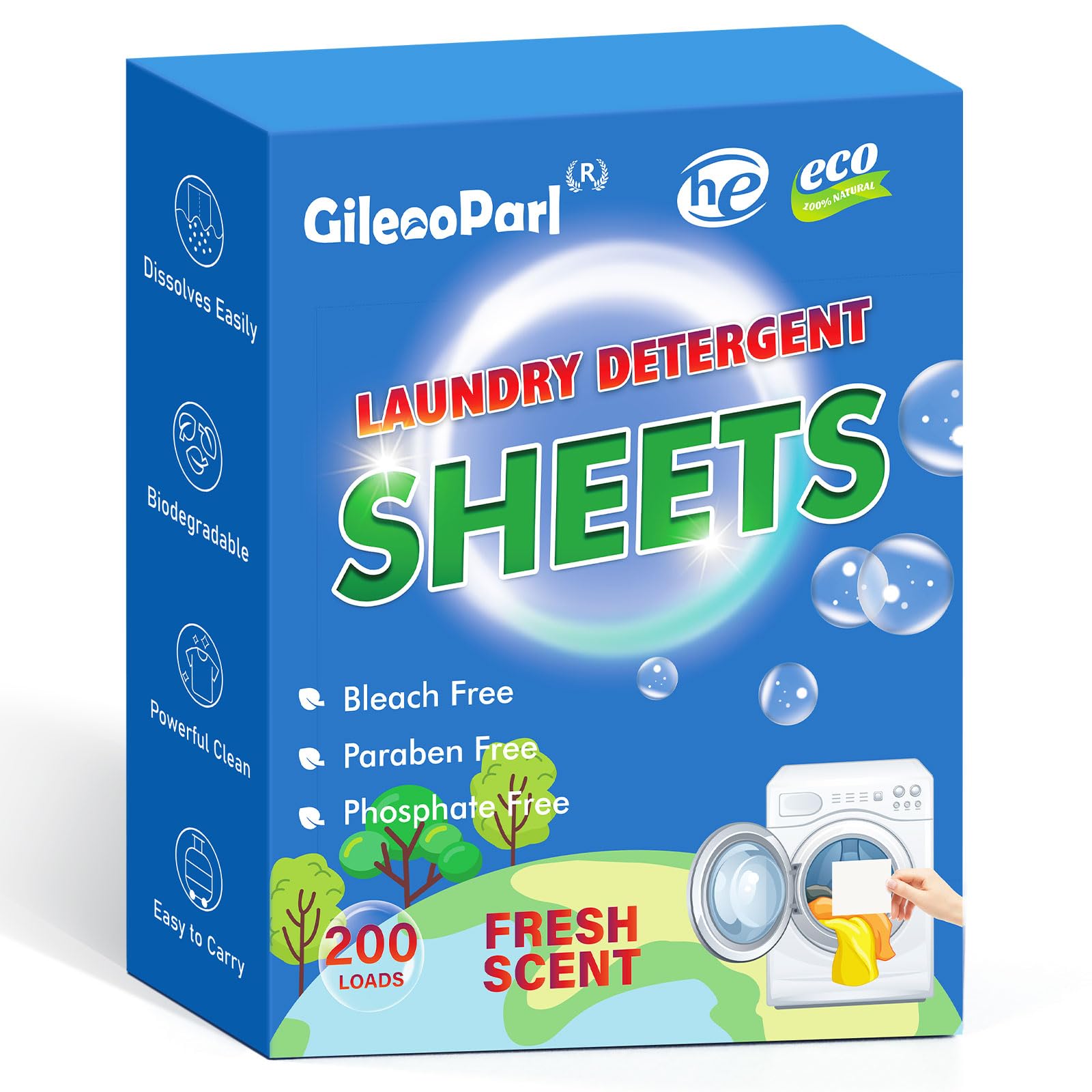 200-loads Eco Laundry Detergent Sheets - Fresh Scent - for Home/Travel/Apartment/Dorm - Gileooparl Plastic Free Liquidless Laundry Detergent Strips - 200 Count