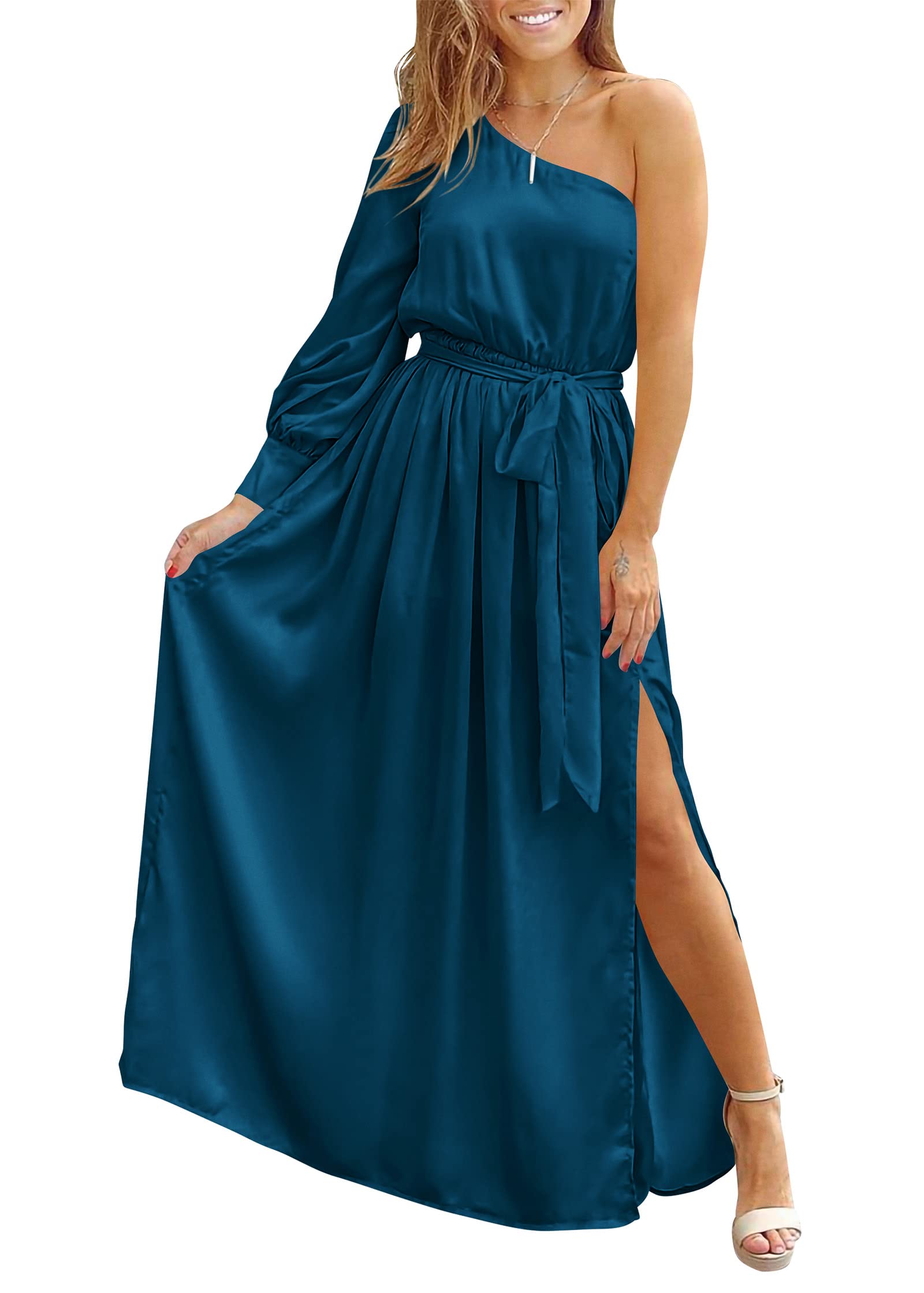 KIRUNDO Women's Satin Long Sleeve One Shoulder Maxi Dress Asymmetrical Tie Waist Slit Party Cocktail Long Formal Dresses(Dark Blue, X-Large)