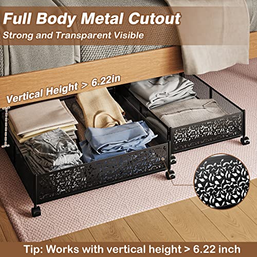 Yoz&Papa Under Bed Storage Containers, Under Bed Storage With Wheels, Tool-free Assembly Metal Underbed Storage Containers With Dustproof Storage Bag For Clothes, Shoe Organizer Under Bed Drawer (Black(1 Pack))