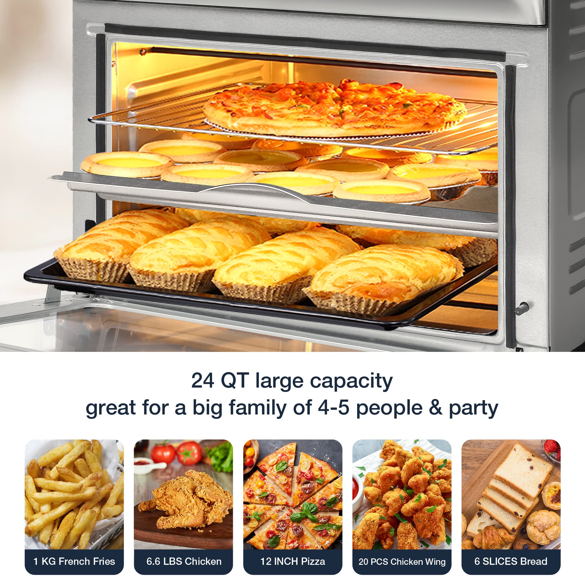E-Macht Air Fryer Ovens Countertop, Convection Toaster Oven with 10 Cooking Functions, 6-Slice Toast &12-Inch Pizza Capacity, 6 Accessories Included, Auto Shut off, 24 Quart