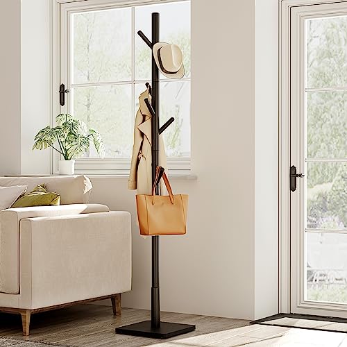 JOISCOPE Wooden Coat Rack Freestanding, Sturdy Coat Tree with 3 Adjustable Sizes, 8 Hooks and Easy to Assemble Coat Hanger for Coats, Hats, Scarves, Clothes and Handbags,Square(Black)