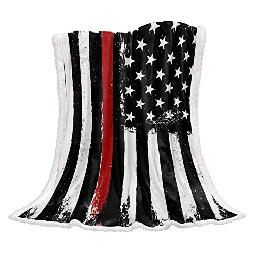 Sherpa Fleece Throw Blanket Black White and Red American Flag Home Decor Reversible Fuzzy Warm and Cozy Throws, Honoring Firefighters Redline Super Soft Plush Bed TV Blankets for Couch/Sofa/Travel