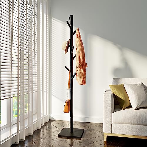 JOISCOPE Wooden Coat Rack Freestanding, Sturdy Coat Tree with 3 Adjustable Sizes, 8 Hooks and Easy to Assemble Coat Hanger for Coats, Hats, Scarves, Clothes and Handbags,Square(Black)