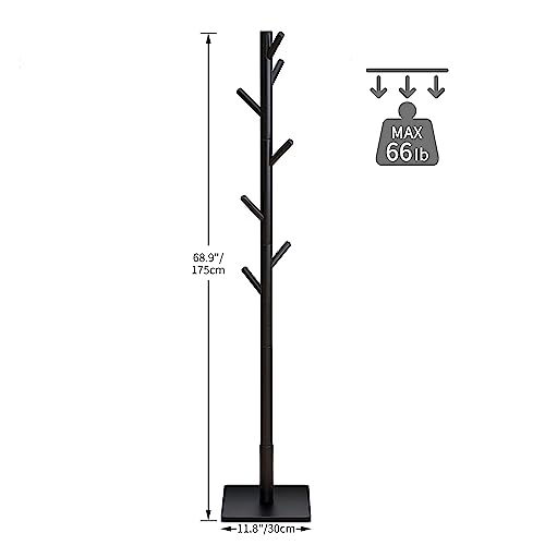 JOISCOPE Wooden Coat Rack Freestanding, Sturdy Coat Tree with 3 Adjustable Sizes, 8 Hooks and Easy to Assemble Coat Hanger for Coats, Hats, Scarves, Clothes and Handbags,Square(Black)