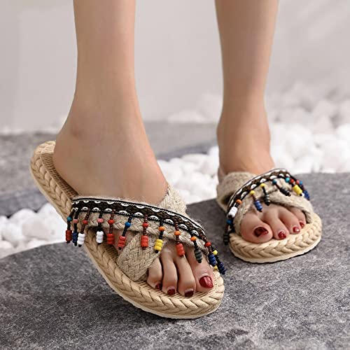 Imitation Woven Flip and Straw Slippers Beach Summer Spring and Flat Women Sandals Flops Pineapple Slippers for Women (Coffee, 8.5)