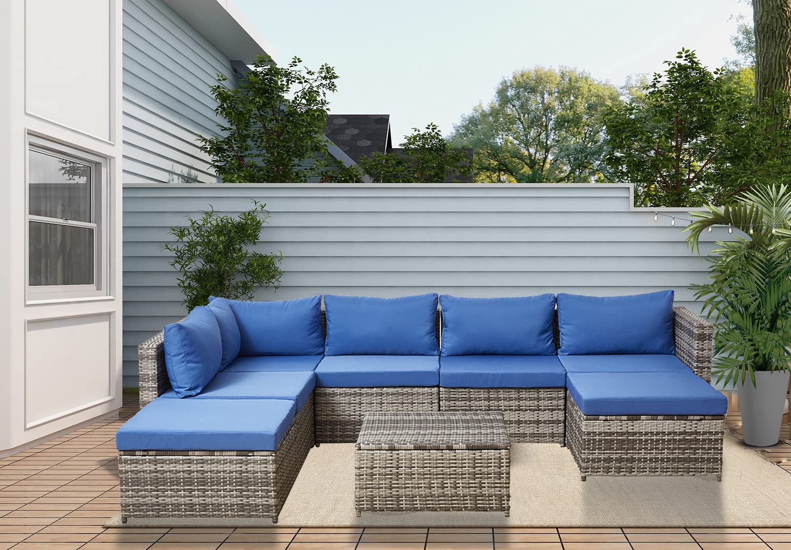 INSTORY 8 Pieces Outdoor Patio Sofa Sets All Weather Weaving Sectional Couch Furniture PE Rattan Wicker Patio Conversation Set with Storage Table (Brown Rattan,Blue)
