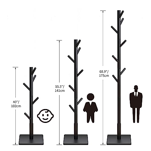 JOISCOPE Wooden Coat Rack Freestanding, Sturdy Coat Tree with 3 Adjustable Sizes, 8 Hooks and Easy to Assemble Coat Hanger for Coats, Hats, Scarves, Clothes and Handbags,Square(Black)