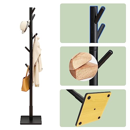 JOISCOPE Wooden Coat Rack Freestanding, Sturdy Coat Tree with 3 Adjustable Sizes, 8 Hooks and Easy to Assemble Coat Hanger for Coats, Hats, Scarves, Clothes and Handbags,Square(Black)