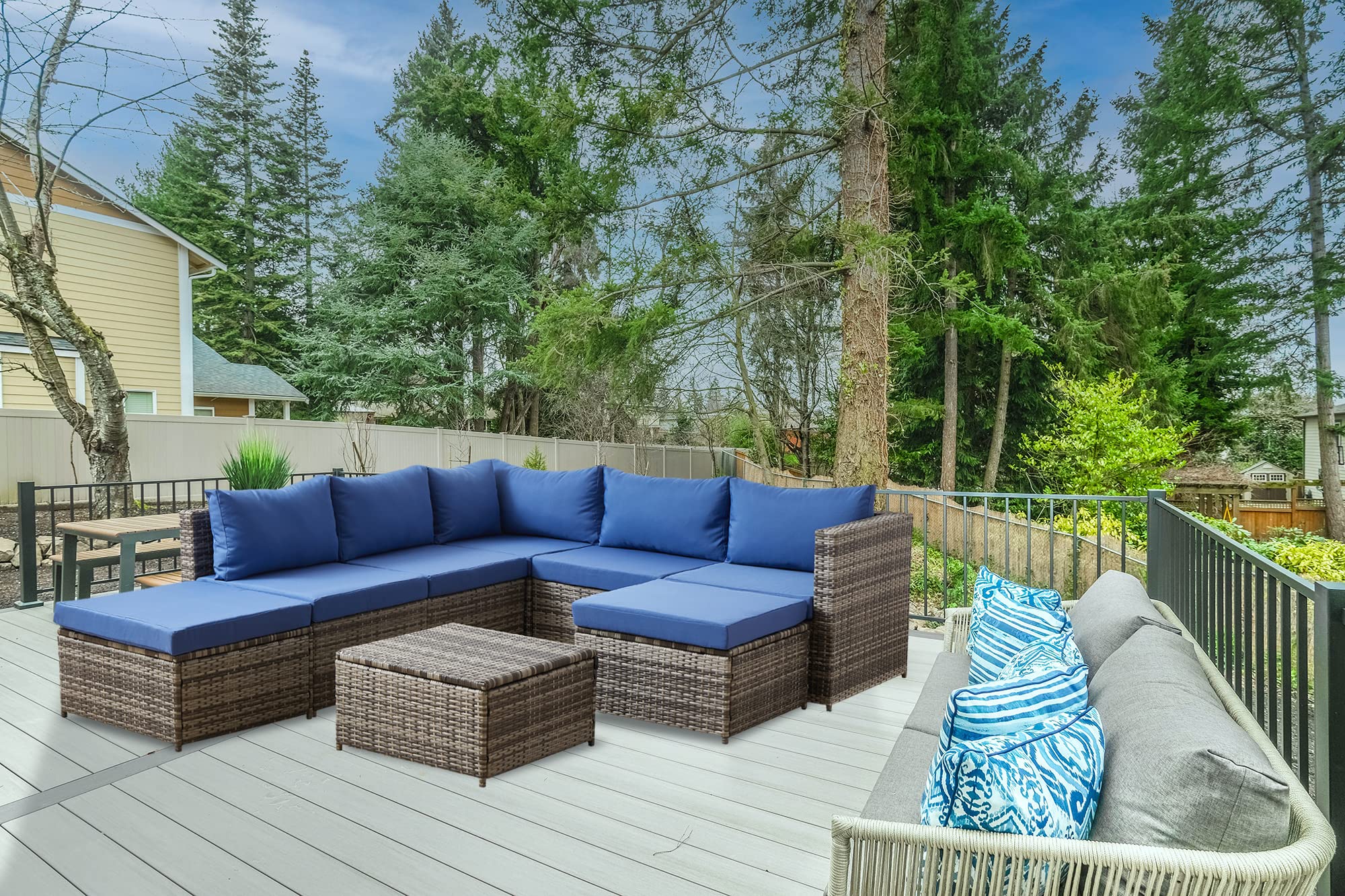 INSTORY 8 Pieces Outdoor Patio Sofa Sets All Weather Weaving Sectional Couch Furniture PE Rattan Wicker Patio Conversation Set with Storage Table (Brown Rattan,Blue)
