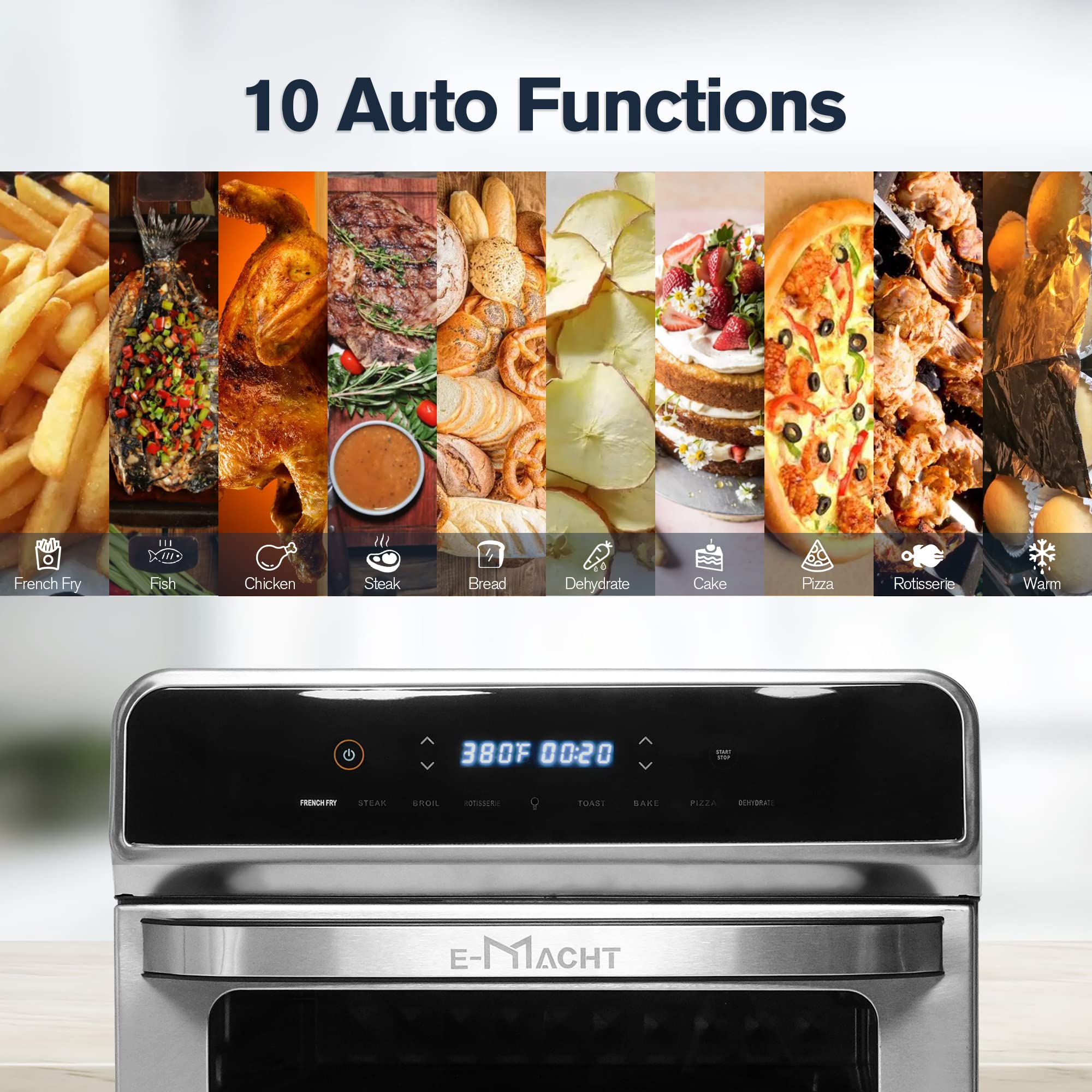 E-Macht Air Fryer Ovens Countertop, Convection Toaster Oven with 10 Cooking Functions, 6-Slice Toast &12-Inch Pizza Capacity, 6 Accessories Included, Auto Shut off, 24 Quart