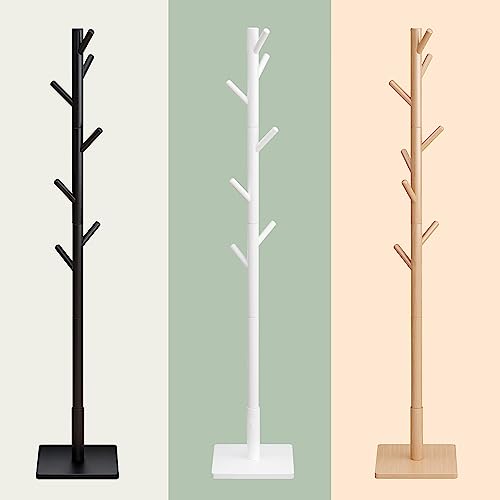 JOISCOPE Wooden Coat Rack Freestanding, Sturdy Coat Tree with 3 Adjustable Sizes, 8 Hooks and Easy to Assemble Coat Hanger for Coats, Hats, Scarves, Clothes and Handbags,Square(Black)