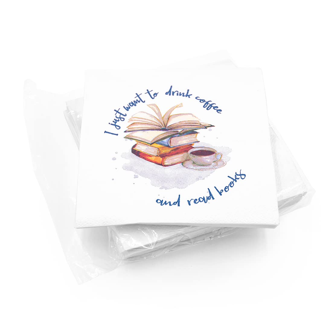 30 Pk, "Books & Coffee" Beverage 3-Ply Paper Party Napkins for Book Clubs and Events, Lunches, Garden Parties, Tea Time