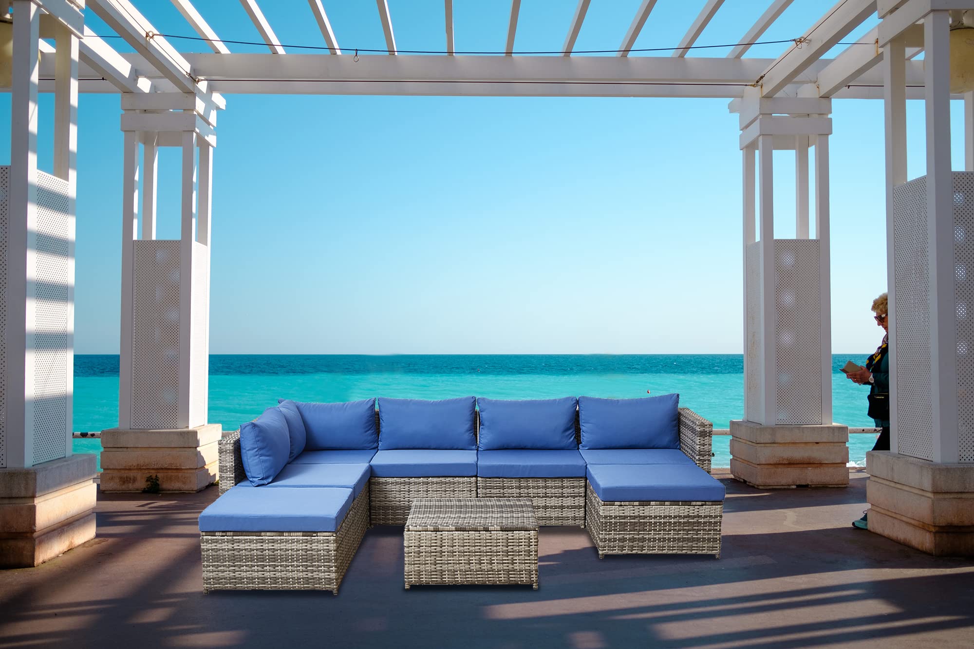 INSTORY 8 Pieces Outdoor Patio Sofa Sets All Weather Weaving Sectional Couch Furniture PE Rattan Wicker Patio Conversation Set with Storage Table (Brown Rattan,Blue)