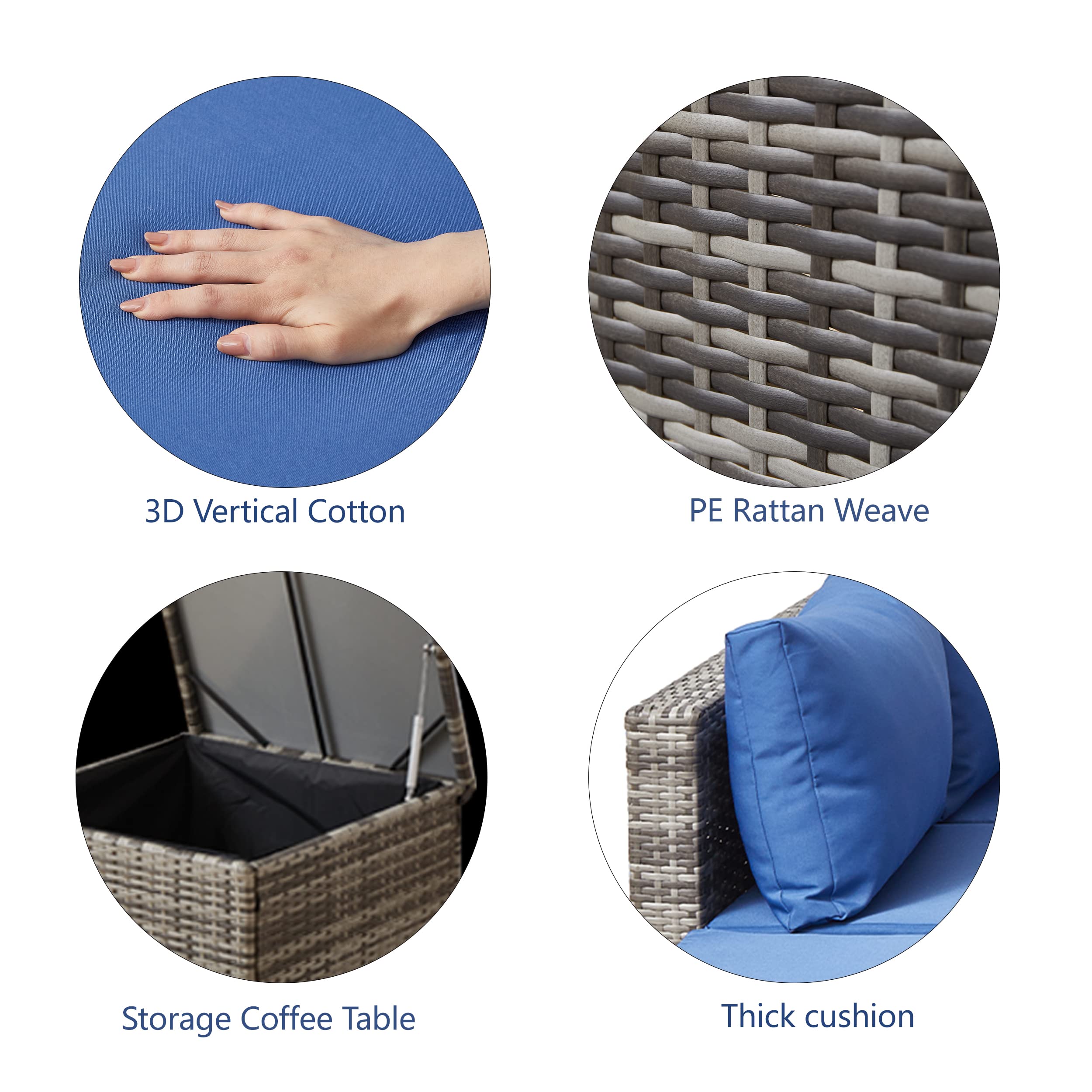 INSTORY 8 Pieces Outdoor Patio Sofa Sets All Weather Weaving Sectional Couch Furniture PE Rattan Wicker Patio Conversation Set with Storage Table (Brown Rattan,Blue)