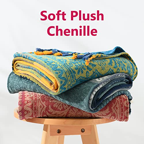 Y-PLWOMEN Bohemian Chenille Throw Blanket for Couch, Woven Jacquard Boho Blankets wiz Tassel, Hippie Tribal Blanket for Bed Sofa Recliner Loveseat Decor(Red Yellow, 60x75)