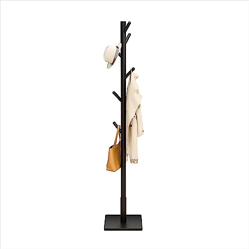 JOISCOPE Wooden Coat Rack Freestanding, Sturdy Coat Tree with 3 Adjustable Sizes, 8 Hooks and Easy to Assemble Coat Hanger for Coats, Hats, Scarves, Clothes and Handbags,Square(Black)