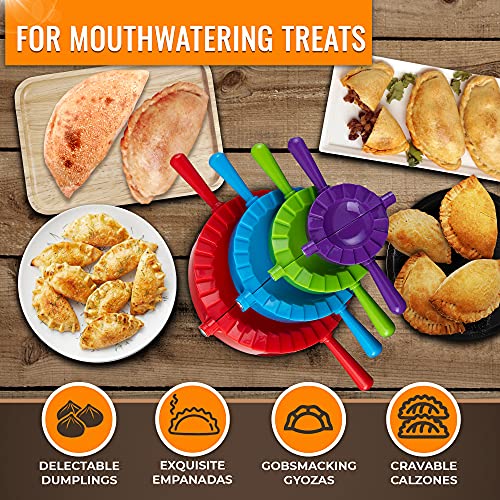 Magic Dumpling Maker Kit, Set of 4 - Mold Ravioli, Empanadas, Momos, Gyozas, Pot Stickers, Jamaican Beef Patties, Pierogi and Calzones - Wonton Dough Press and Pasta Making Tools