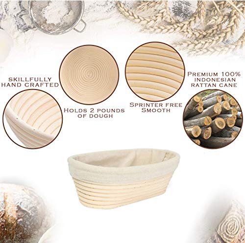 Bread Proofing Basket Set Of 2 Round and Oval, Banneton Proofing Basket + Danish Dough Whisk + Bread Scoring Lame + Stainless Steel Dough Scraper + Flexible Dough Scraper, Sourdough Tools Kit