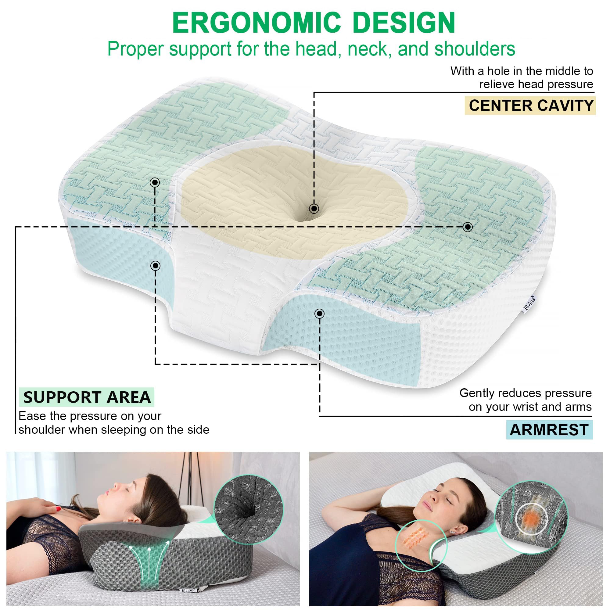 Elviros Cervical Memory Foam Neck Pillow for Side Sleeping, Contour Orthopedic Pillows for Back and Stomach Sleepers, Adjustable Ergonomic Bed Pillow Pain Relief, CertiPUR-US, Blue
