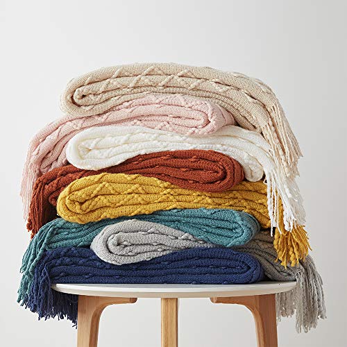 NexHome Throw Blanket for Bed Blue Decorative Knit Blanket with Tassel Fringe Soft Lightweight Zigzag Textured Boho Throws (50"x60" Royal Blue)