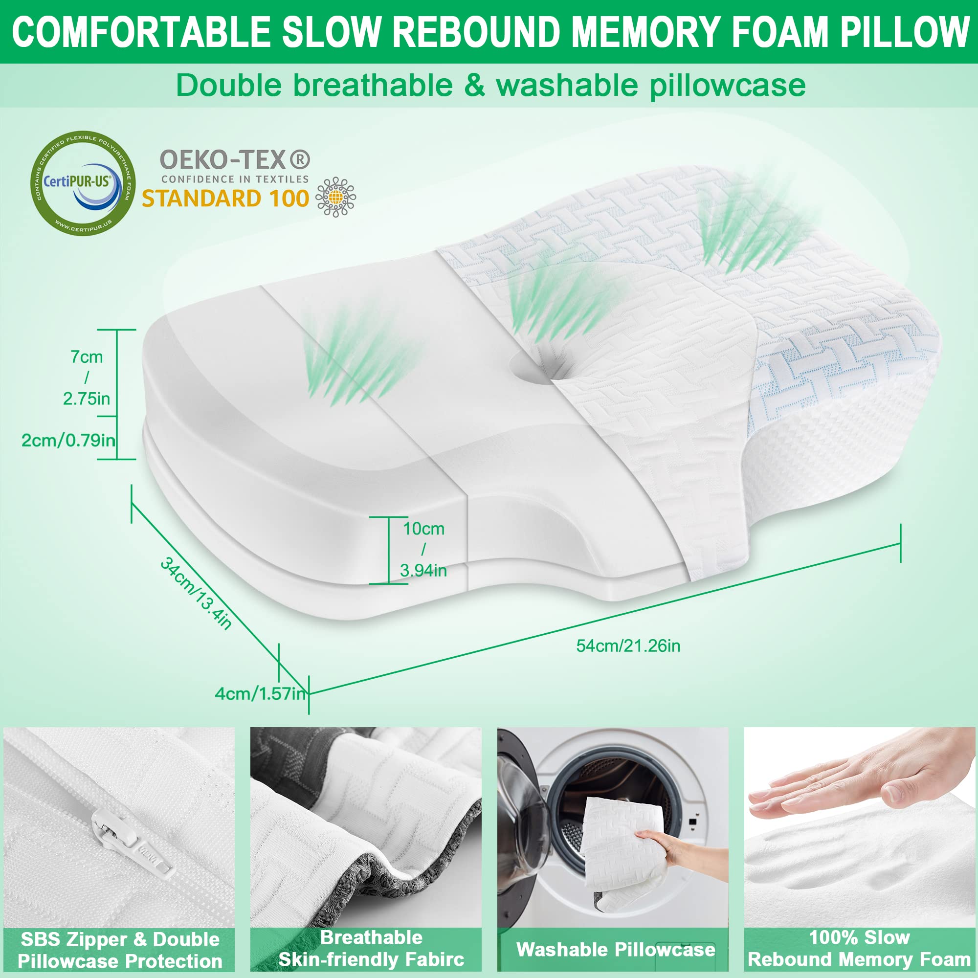 Elviros Cervical Memory Foam Neck Pillow for Side Sleeping, Contour Orthopedic Pillows for Back and Stomach Sleepers, Adjustable Ergonomic Bed Pillow Pain Relief, CertiPUR-US, Blue