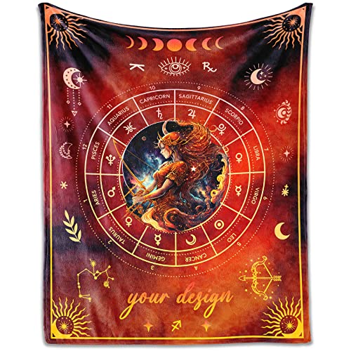 Custom Sagittarius Blanket Gifts, 50"x40" Rectangular Flannel Zodiac Throw Blanket Cozy, Personalized Blankets Gift for Boys Girls Teen Women Men Tarot Cards Lovers Birthday Anniversary Festival