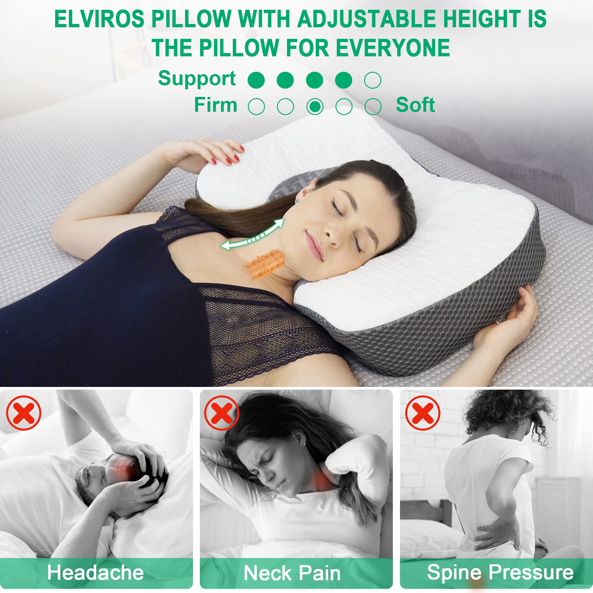 Elviros Cervical Memory Foam Neck Pillow for Side Sleeping, Contour Orthopedic Pillows for Back and Stomach Sleepers, Adjustable Ergonomic Bed Pillow Pain Relief, CertiPUR-US, Blue