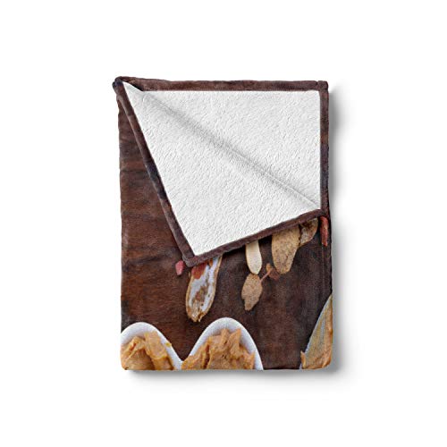 Ambesonne Peanut Butter Throw Blanket, Crunchy Peanut Butter in White Heart Shape Dish on Vintage Table, Flannel Fleece Accent Piece Soft Couch Cover for Adults, 50" x 70", Brown Pale Brown Grey