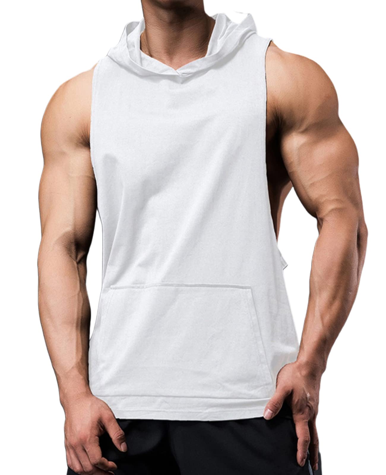 Men's Hooded Tank Tops Gym Workout Training Hoodies Sleeveless Bodybuildng Muscle Cut Off T-Shirt with Pocket 02 White M