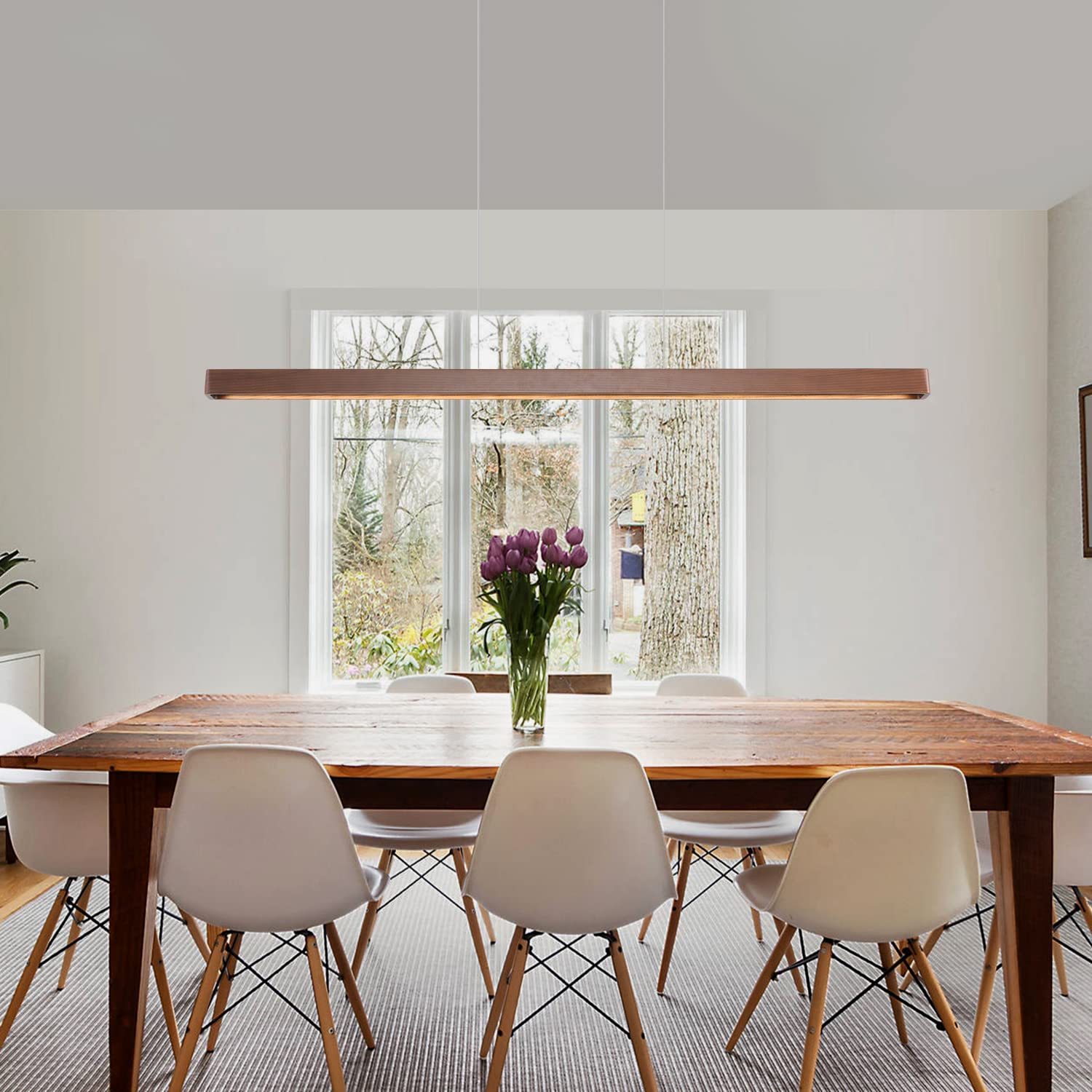 YISDESIGN 59" Wood Linear Pendant Light 40w Integrated Led Pendant Light Dimmable Ceiling Pendant Hanging Light Adjustable Billiard Pool Table Lights for Dining Room Kitchen Island Walnut Color
