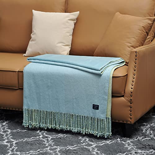 EP Mode Reversible Fringed Mulberry Silk Throw Blanket for Sofa (Crystal Blue/Lime)