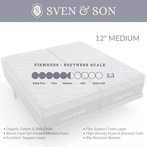 Sven & Son Split California King Mattress, Bed in A Box, 12" Luxury Cool Gel Memory Foam, Pressure Relief & Support, 10" Year Warranty, Designed in USA (Split Cal King, Mattress Only 12" Medium)