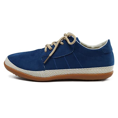 Womens Soft-Toe Sneakers Slip On Wide Single Up Women Shoes Lace Casual Suede Toe Breathable Comfortable Flat (Blue, 8)