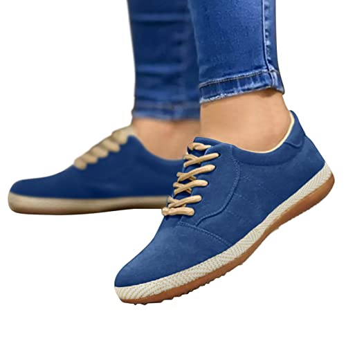 Womens Soft-Toe Sneakers Slip On Wide Single Up Women Shoes Lace Casual Suede Toe Breathable Comfortable Flat (Blue, 8)
