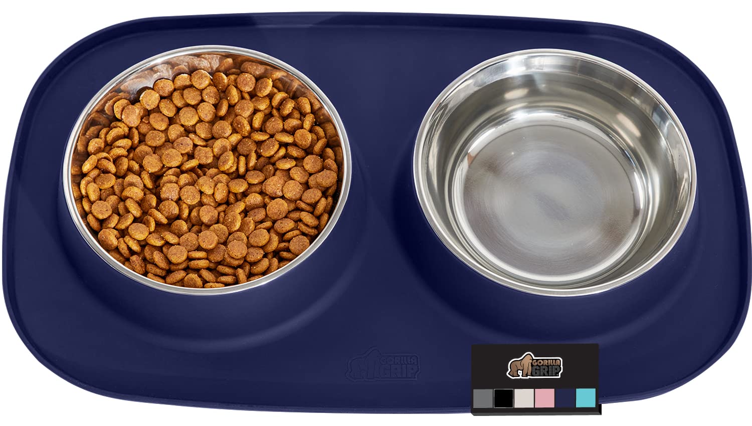 GORILLA GRIP 100% Waterproof BPA Free Cat and Dog Bowls Silicone Feeding Mat Set, Stainless Steel Bowl Slip Resistant Raised Edges, Catch Water, Food Mess, No Spills, Pet Accessories, 1 Cup, Navy