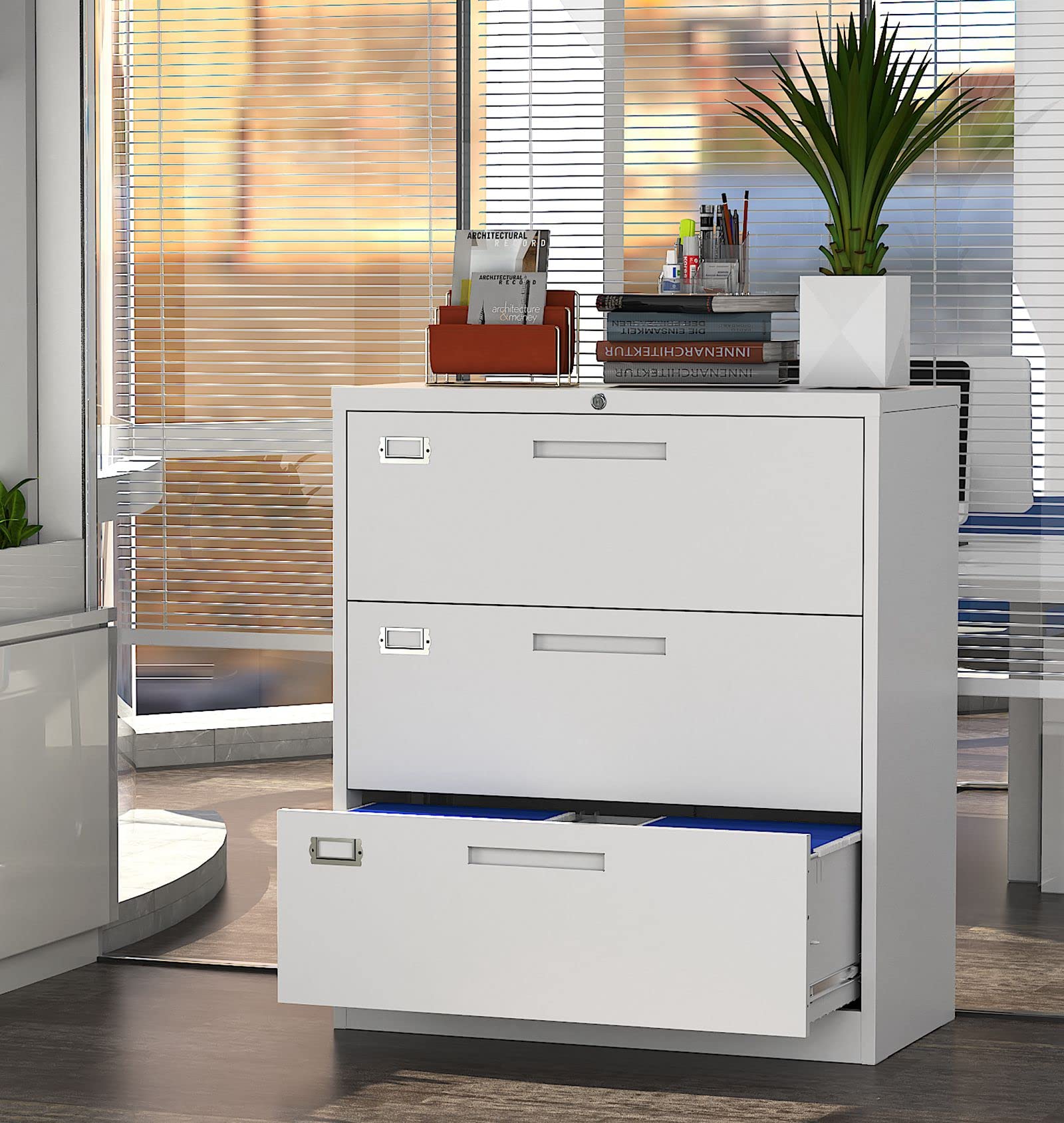 MIIIKO Lateral File Cabinet 3 Drawer, White Metal Filing Cabinet with Lock Lock for Home Office, Large Storage File Organizer for Hanging File Folders,Easy Assemble