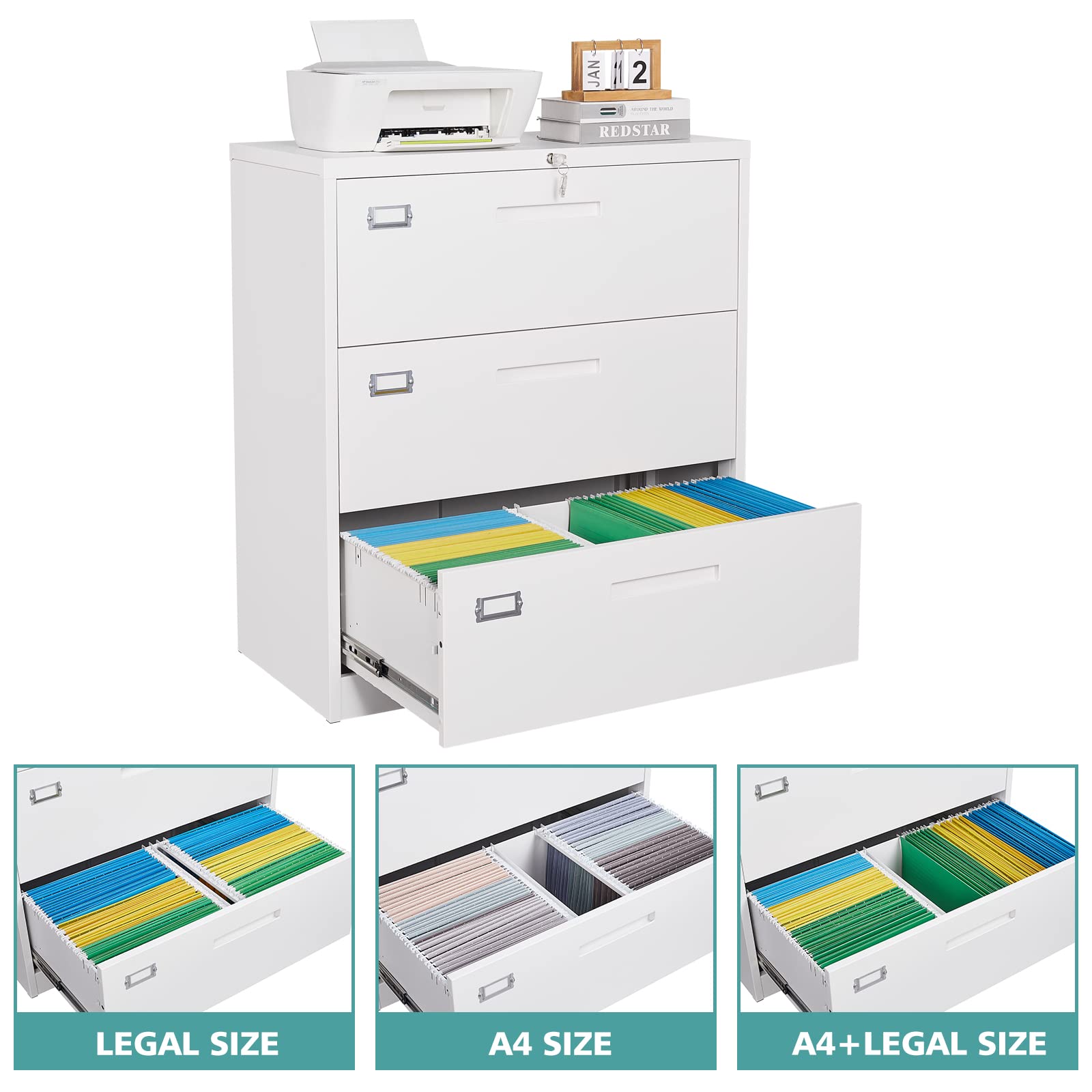 MIIIKO Lateral File Cabinet 3 Drawer, White Metal Filing Cabinet with Lock Lock for Home Office, Large Storage File Organizer for Hanging File Folders,Easy Assemble