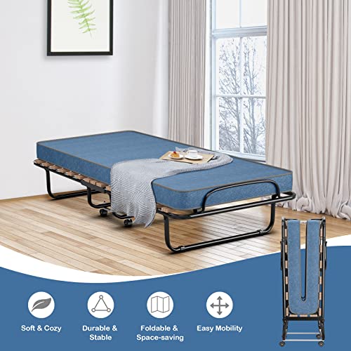 RELAX4LIFE Rollaway Folding Bed with Mattress, Guest Bed with Sturdy Steel Frame & Memory Foam Mattress, Portable Fold Up Bed with Rolling Wheels for Small Space, Office, Camping, Made in Italy (Navy)