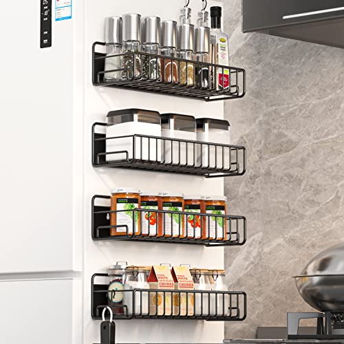 VITABONA Magnetic Spice Rack Organizer for Refrigerator/Cabinet, 4Pack/3Mount Type Spice Organizer for Cabinet, Space Saving Spice Rack Wall Mount with 4Movable Hooks, Magnetic Shelf for Refrigerator