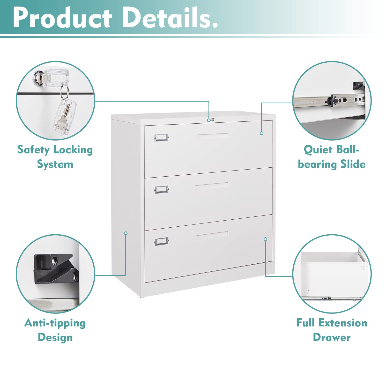 MIIIKO Lateral File Cabinet 3 Drawer, White Metal Filing Cabinet with Lock Lock for Home Office, Large Storage File Organizer for Hanging File Folders,Easy Assemble