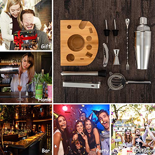 Cocktail Shaker Set with Stand | Perfect Bartender Kit for Home and Bar-Bar Tools Set: 24oz Martini Shaker, Muddler, Jigger, Strainer, Mixer Spoon, Tongs, Corkscrew, 2 Liquor Pourers, Recipes Cards