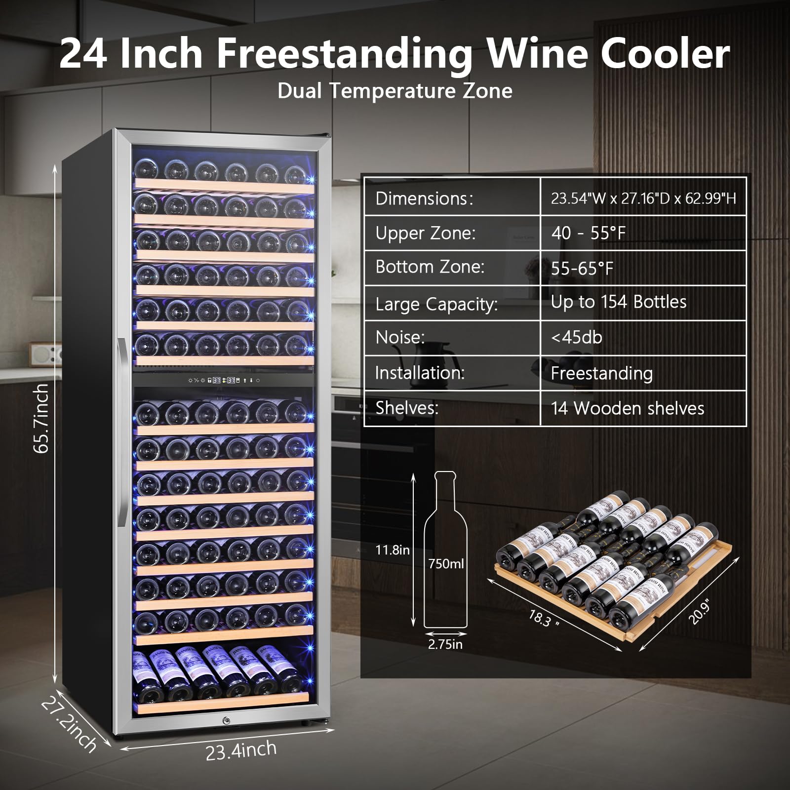 Velivi Wine Fridge Freestanding Dual Temperature Zone, Wine Cooler Refrigerator for 154 Bottles, 24 Inch Wide Large Wine Cooler with Professional Temperature Control System, Quiet Operation