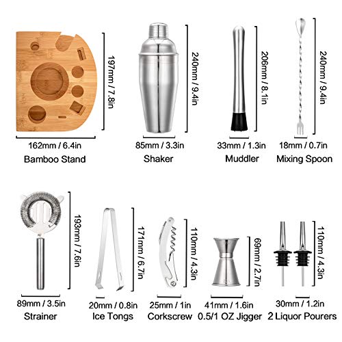 Cocktail Shaker Set with Stand | Perfect Bartender Kit for Home and Bar-Bar Tools Set: 24oz Martini Shaker, Muddler, Jigger, Strainer, Mixer Spoon, Tongs, Corkscrew, 2 Liquor Pourers, Recipes Cards