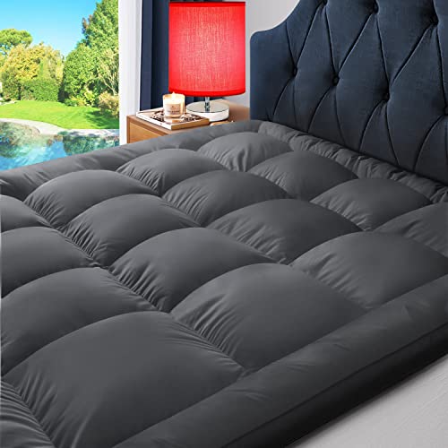 ELEMUSE Cooling Queen Mattress Topper, Extra Thick Mattress Pad Cover, Plush Pillow Top with Baffle Box Design, Soft Down Alternative Fill, Back Pain Relief, Hotel Feeling,Grey