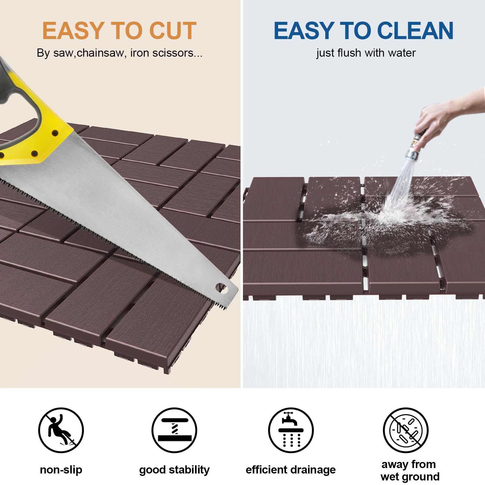 Goovilla Plastic Interlocking Deck Tiles, 27 Pack Outdoor Patio Flooring, 12"x12" Interlocking Decking Tile Outdoor All Weather Use, Waterproof Patio Pavers for Pool Balcony Backyard Porch, Dark Brown
